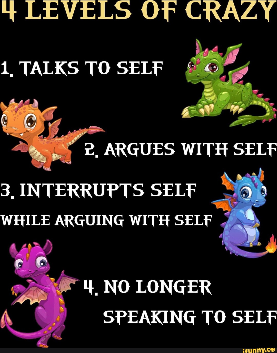 LEVELS OF CRAZY 1, TALKS TO SELF WITH SELF 3, INTERRUPTS SELF WHILE ...