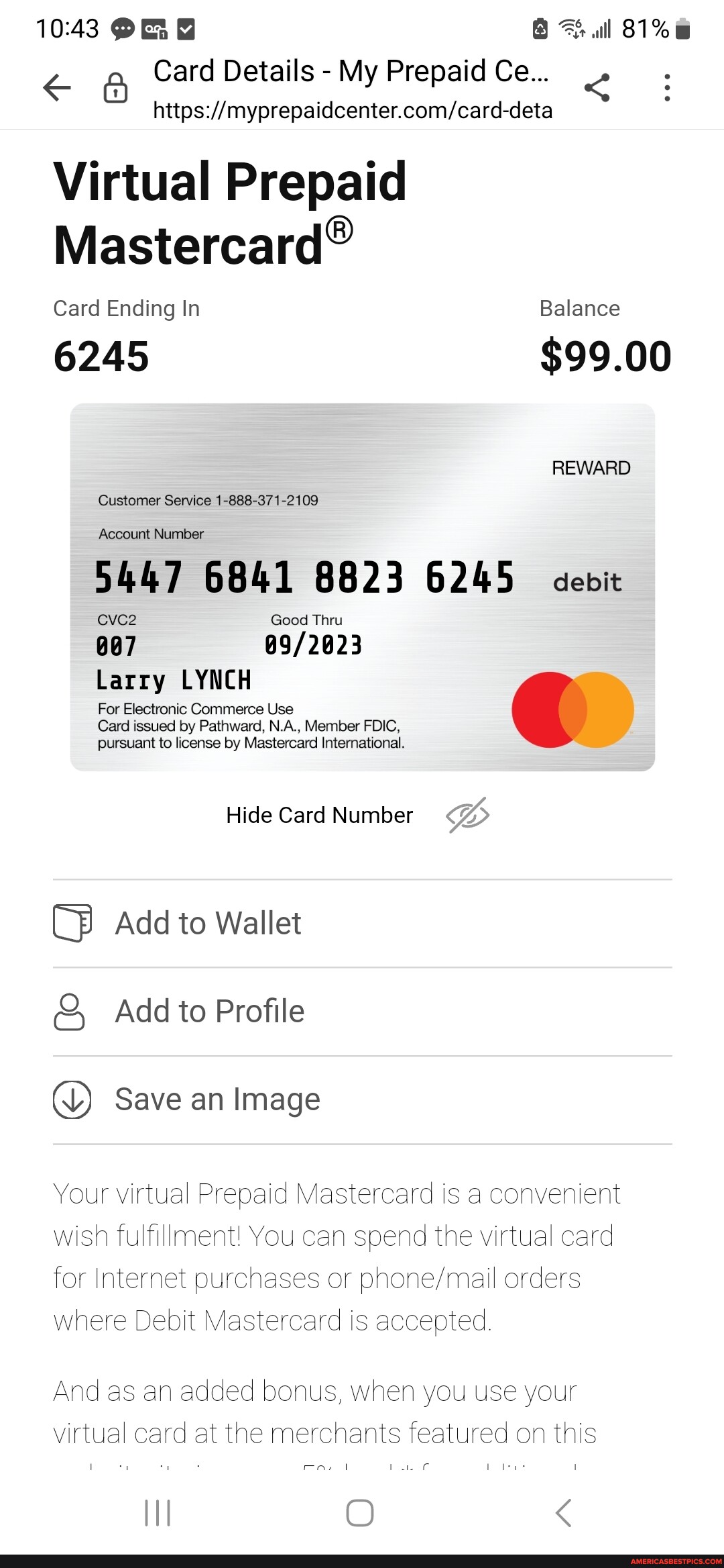 OR 81% Card Details - My Prepaid Ce... Virtual Prepaid Card Ending In ...