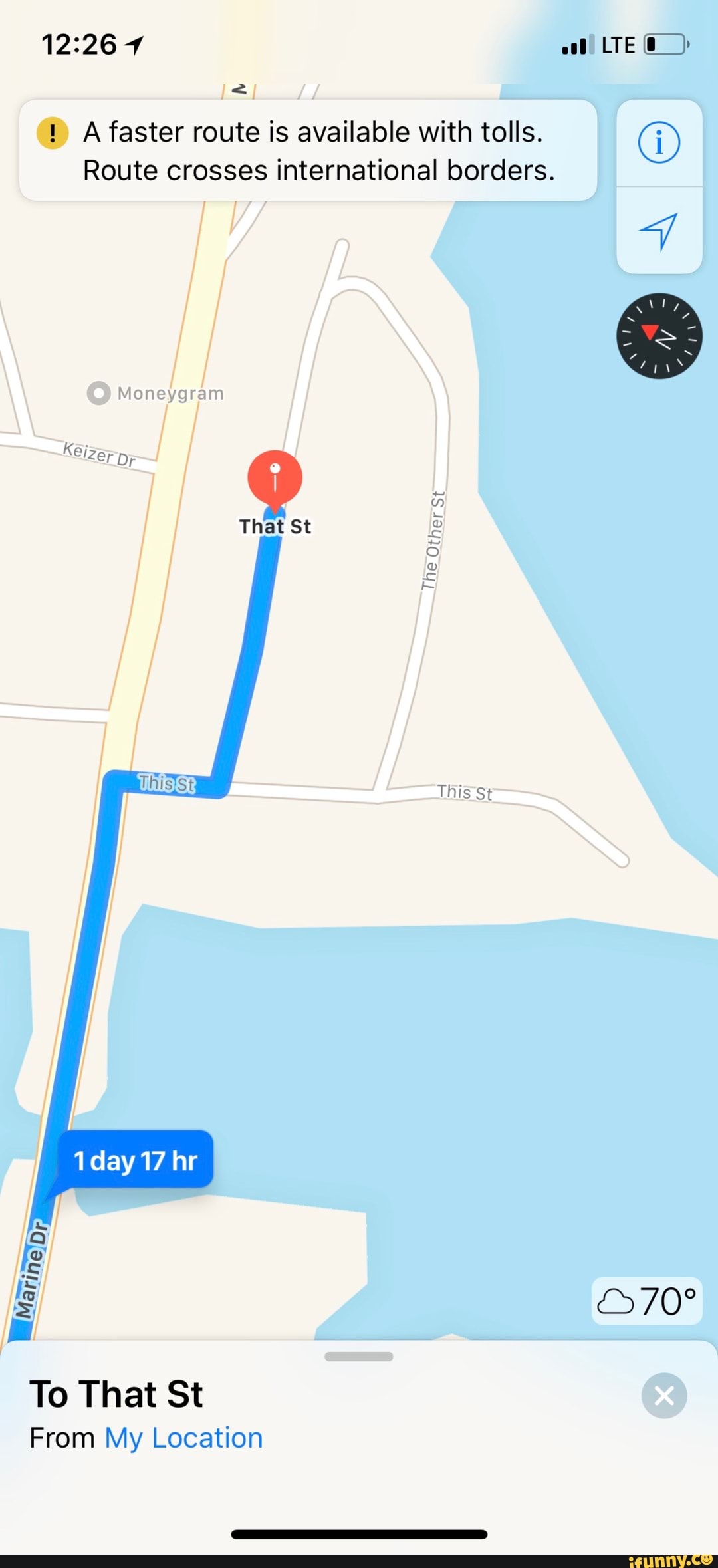 A faster route is available with tolls. © Route crosses international ...