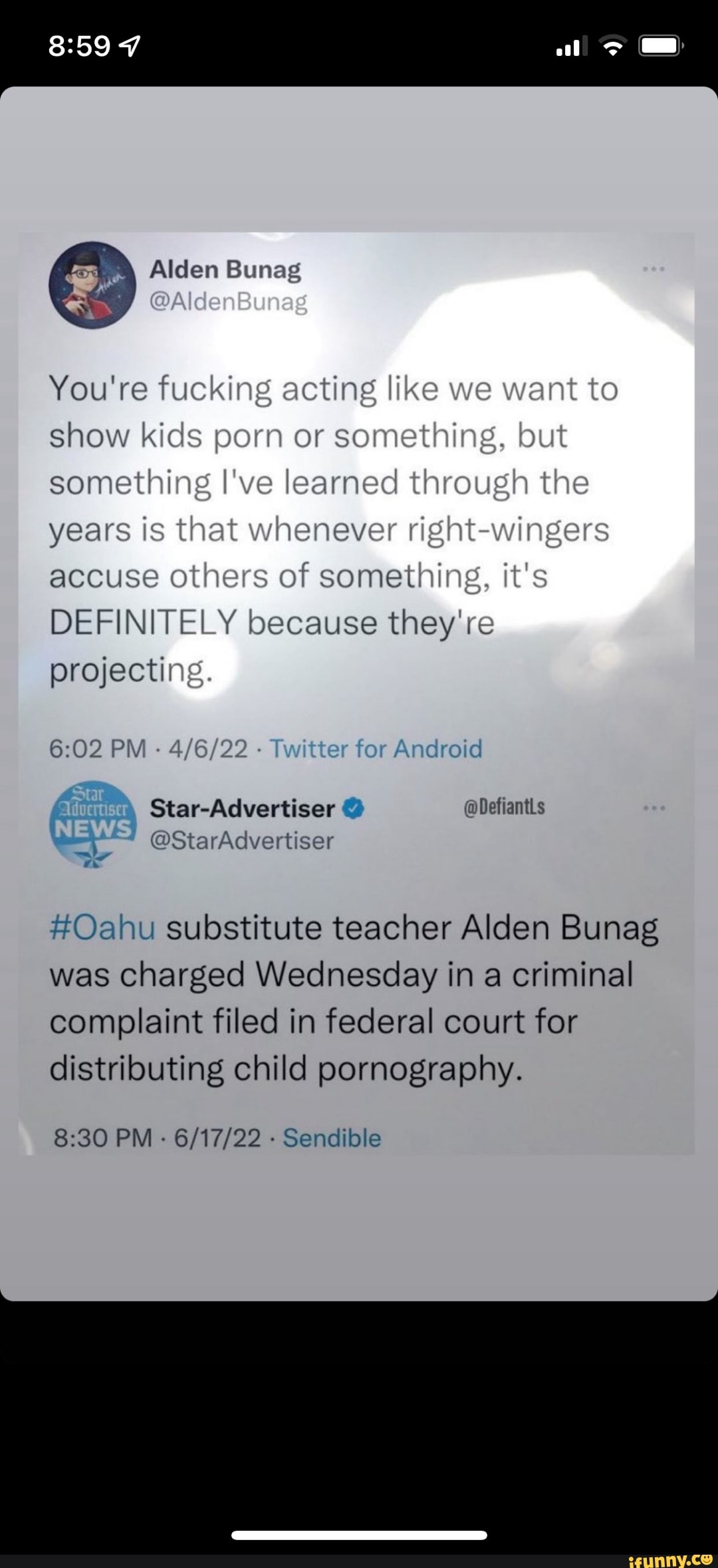 &:59 @ Alden Bunag You're fucking acting like we want to show kids porn ...