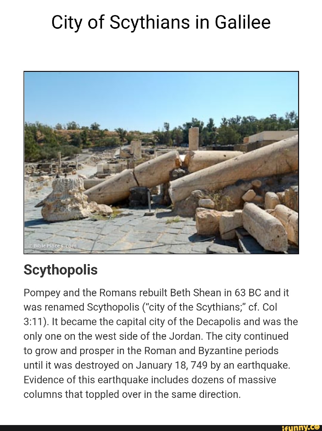 City of Scythians in Galilee Scythopolis Pompey and the Romans rebuilt ...