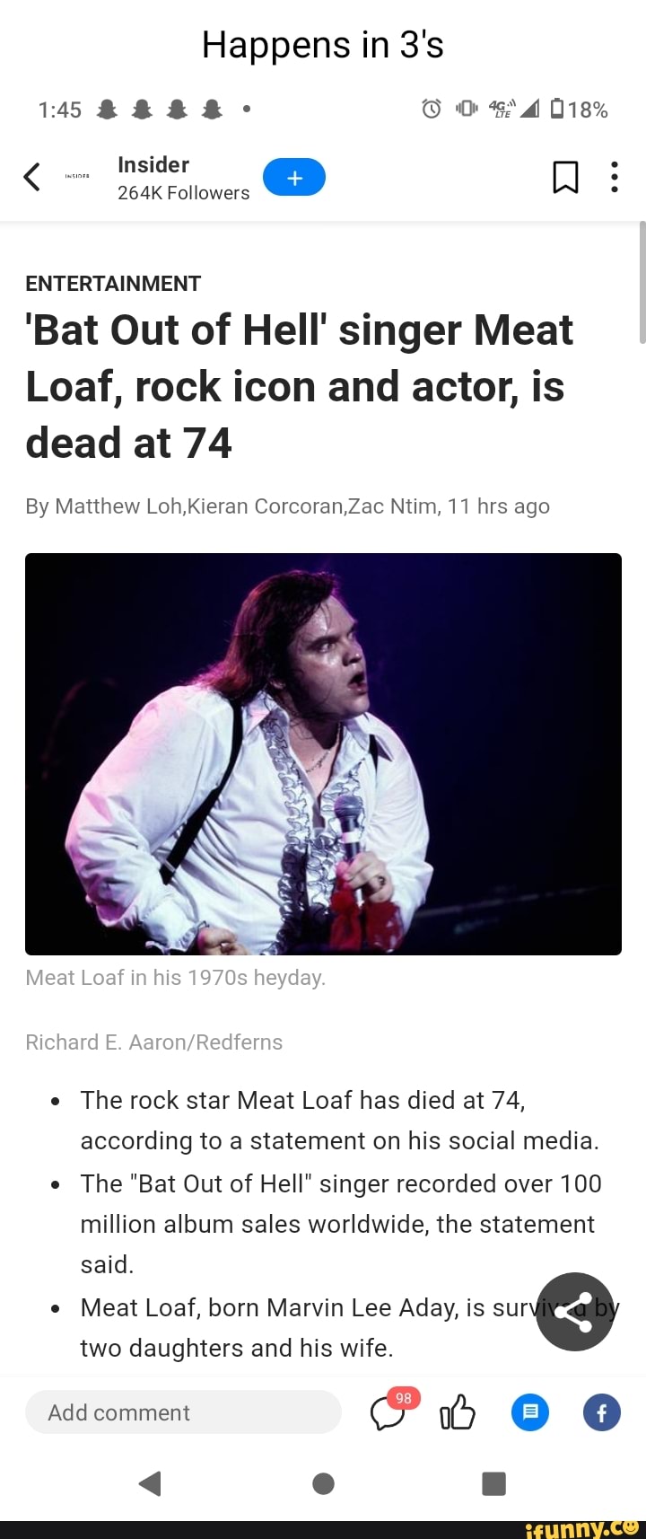 Happens in 1145 Insider ENTERTAINMENT dead at 74 'Bat Out of Hell ...