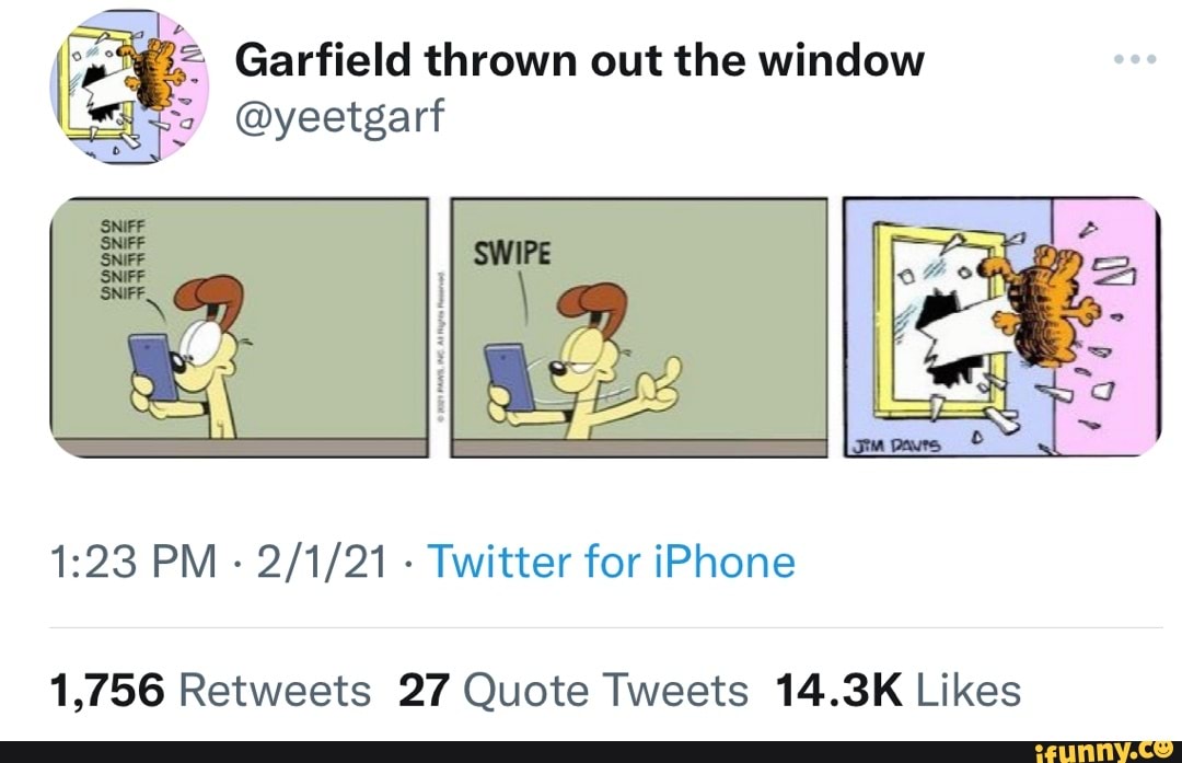 Garfield thrown out the window SWIPE @yeetgarf PM - - Twitter for ...