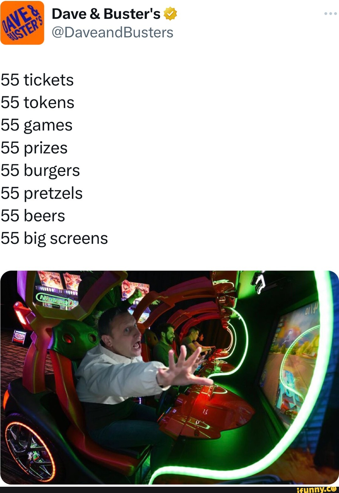 Dave & Buster' Dave & Busters @DaveandBusters 55 tickets 55 tokens 55 ...