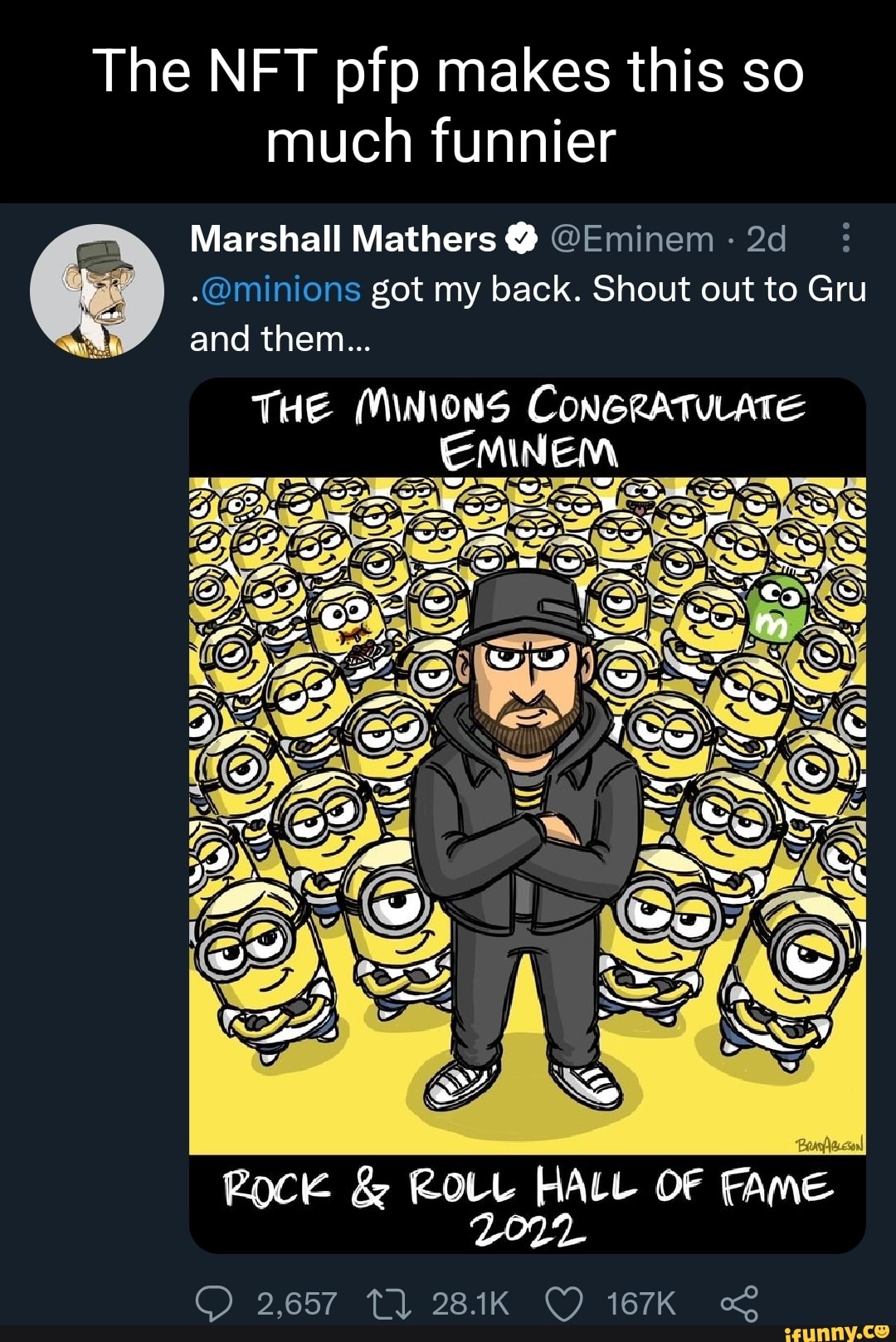 The NFT pfp makes this so much funnier -@minions got my back. Shout out ...