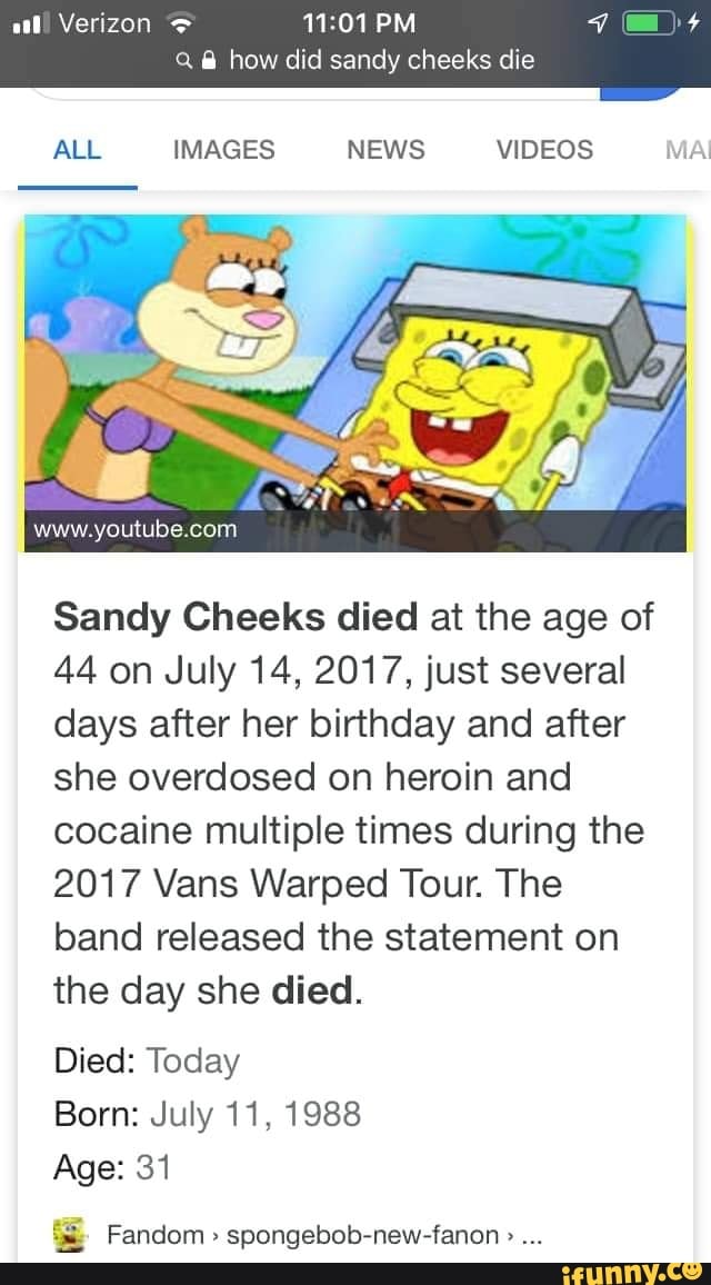 Q 6 how did sandy cheeks die Sandy Cheeks died at the age of 44 on July ...