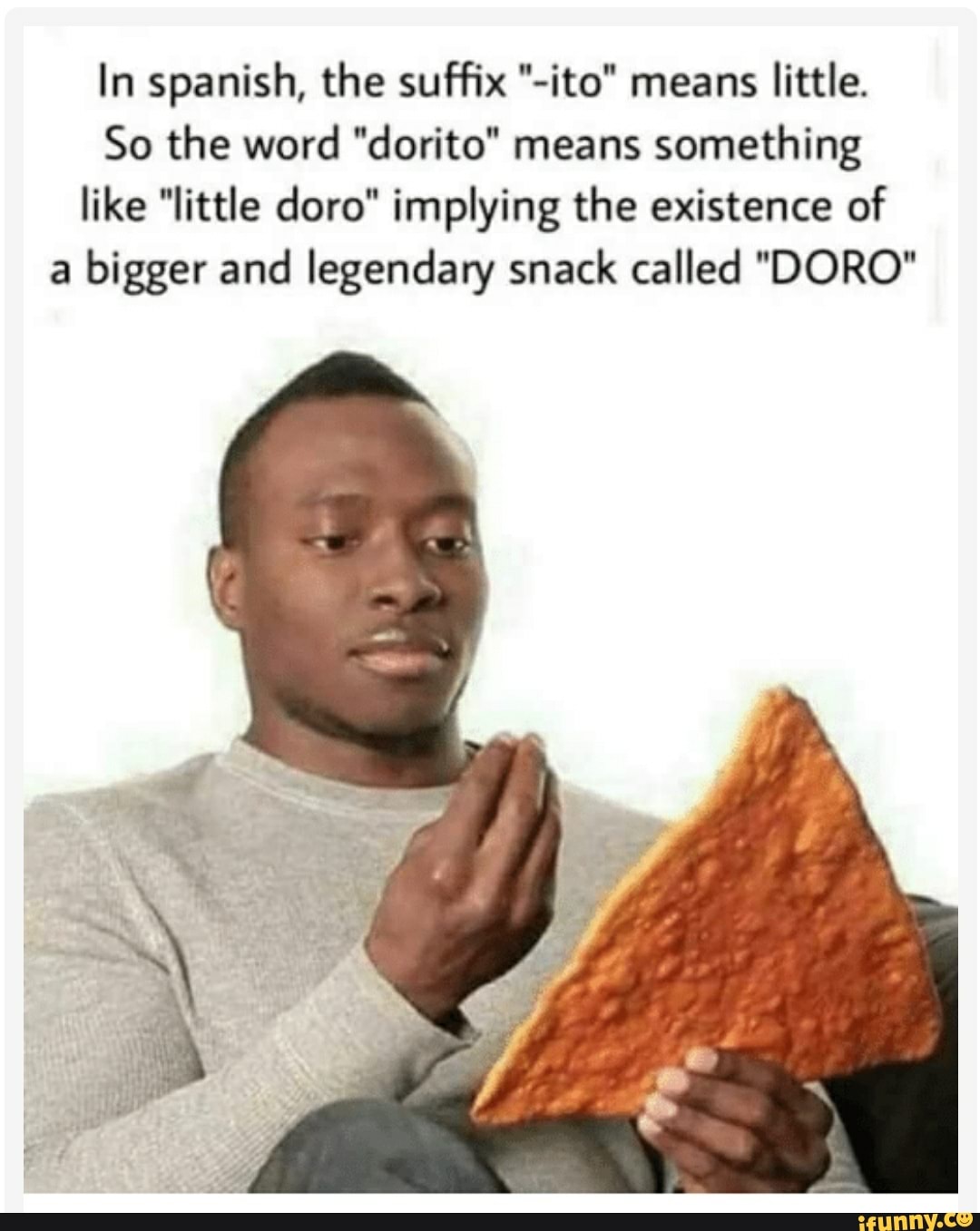 In spanish, the sufﬁx "-ito" means little. So the word "dorito" means ...