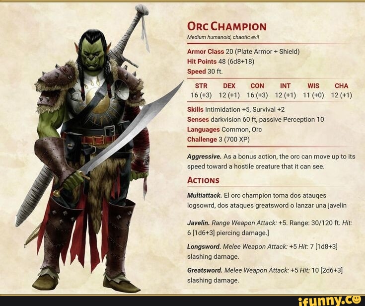 Orc CHAMPION 'Medium humanoid, chaotic evil 'Armor Class 20 (Plate ...