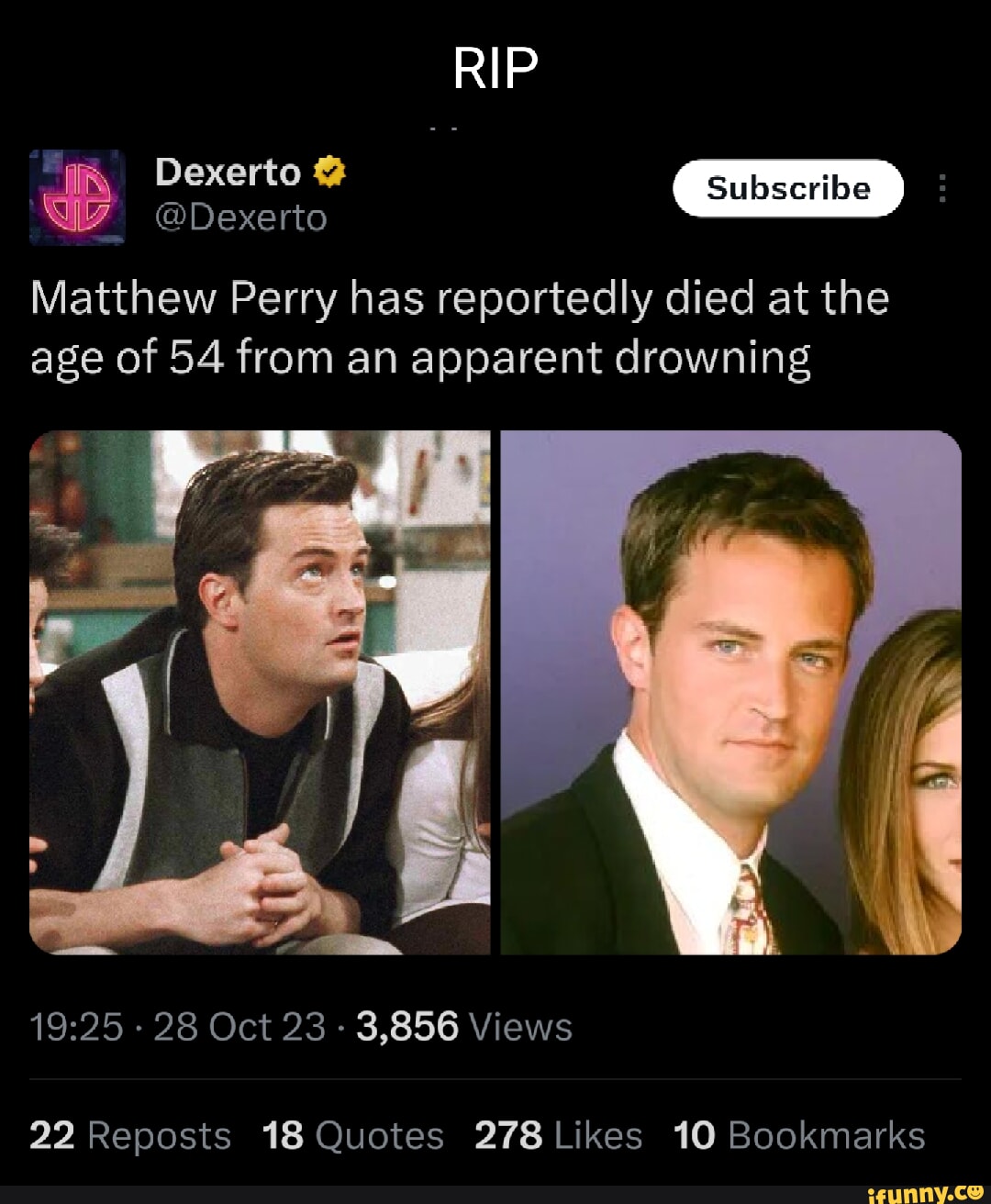 RIP Matthew Perry has reportedly died at the age of 54 from an apparent ...