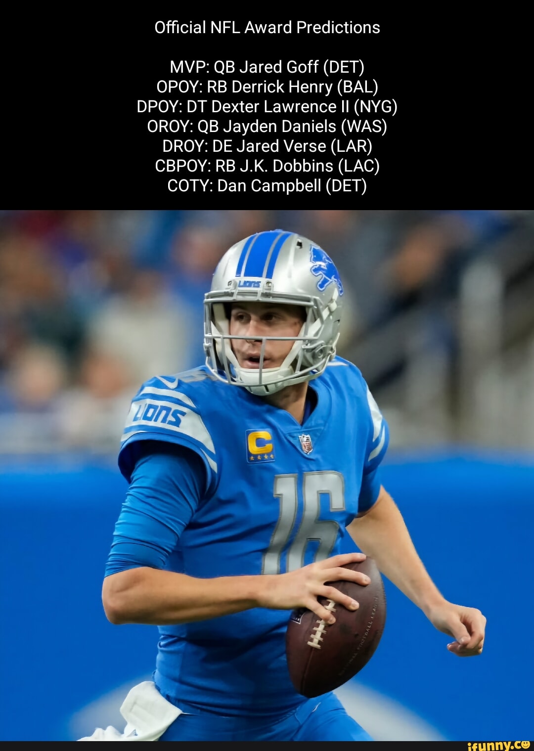 Official NFL Award Predictions MVP: QB Jared Goff (DET) OPOY: RB ...