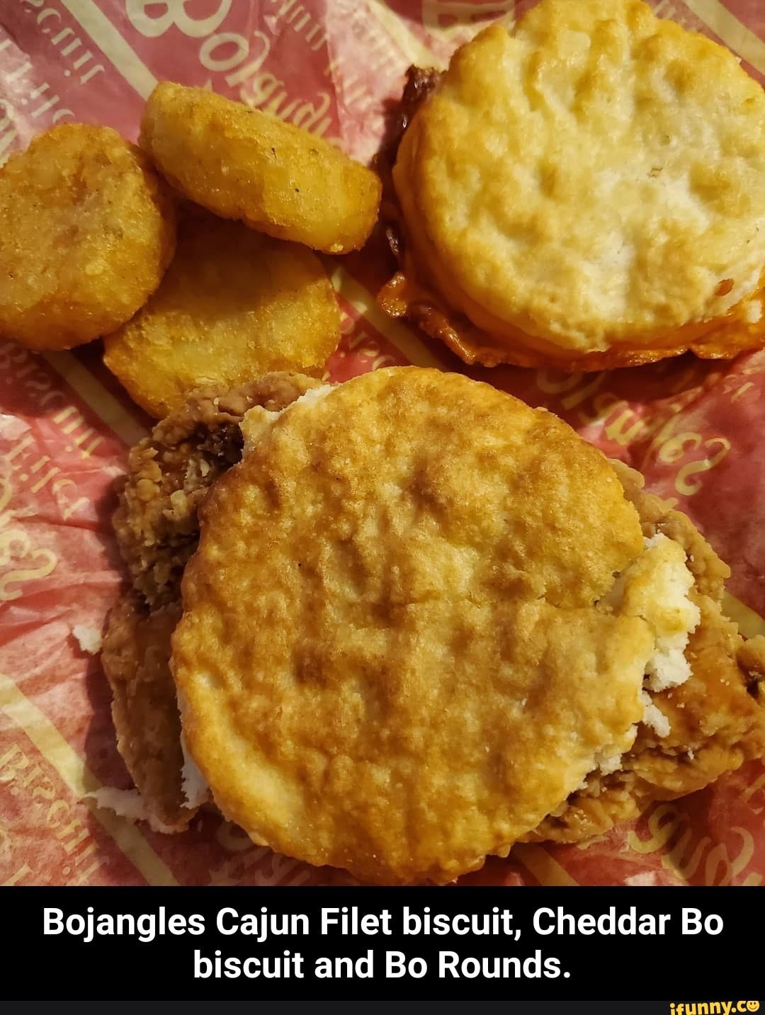 Bojangles Cajun Filet biscuit, Cheddar Bo biscuit and Bo Rounds ...