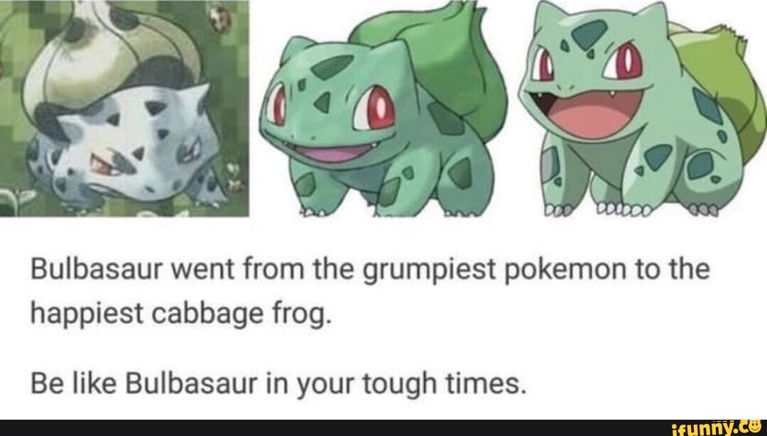 Bulbasaur went from the grumpiest pokemon to the happiest cabbage frog ...