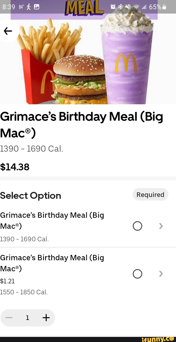 Grimace's Birthday Meal (Big 1390 - 1690 Cal. $14.38 Select Option ...