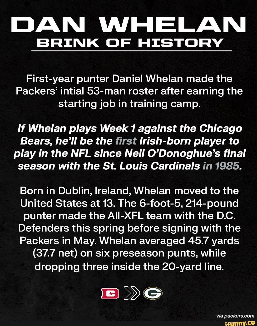 DAN WHELAN BRINK OF HISTORY First-year punter Daniel Whelan made the ...