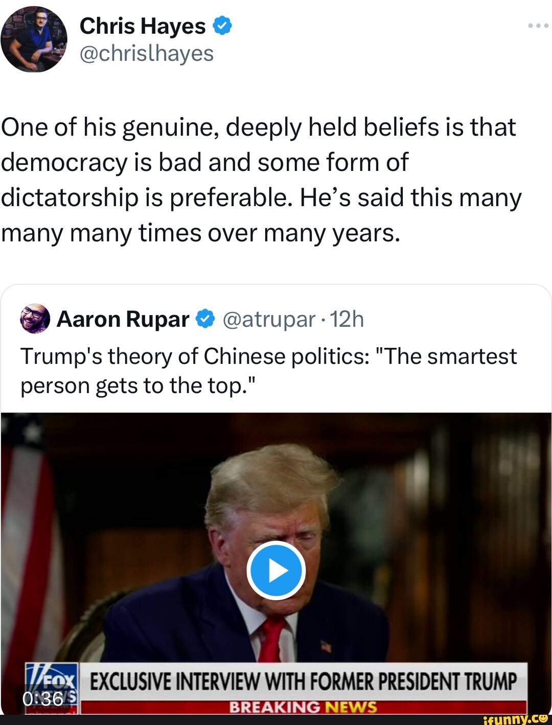 Chris Hayes @chrislhayes One of his genuine, deeply held beliefs is ...