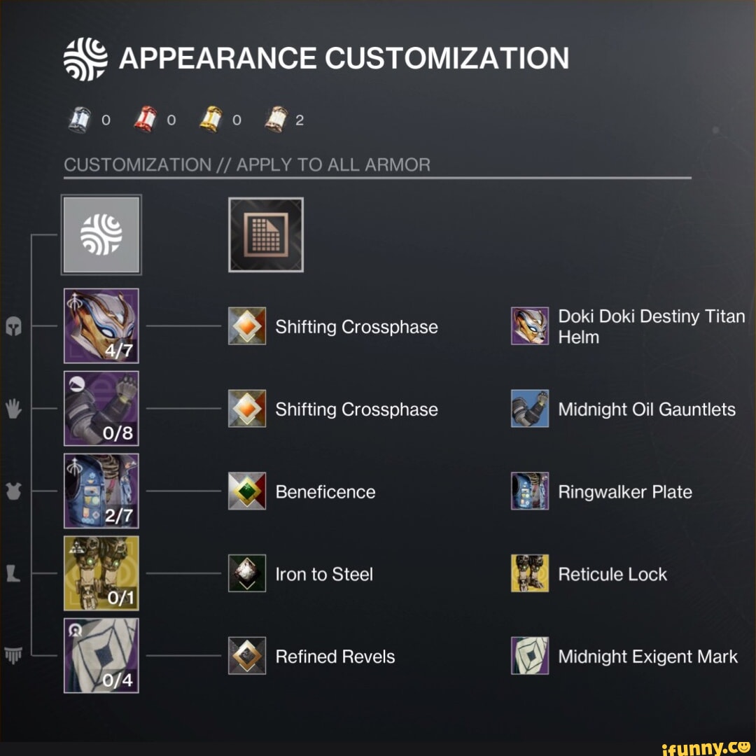 APPEARANCE CUSTOMIZATION io teo Bo CUSTOMIZATION APPLY TO ALL ARMOR Shifting Crossphase Shifting ...