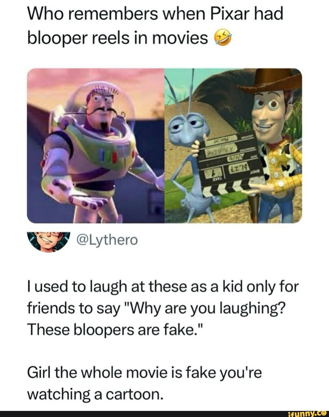 Who remembers when Pixar had blooper reels in movies I used to laugh at ...