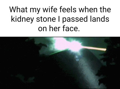 What my wife feels when the kidney stone I passed lands on her face. - iFunny
