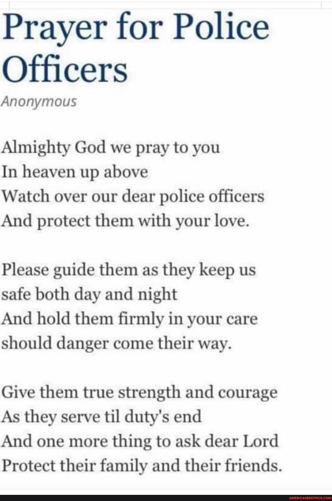 Prayer for Police Officers Anonymous Almighty God we pray to you In ...