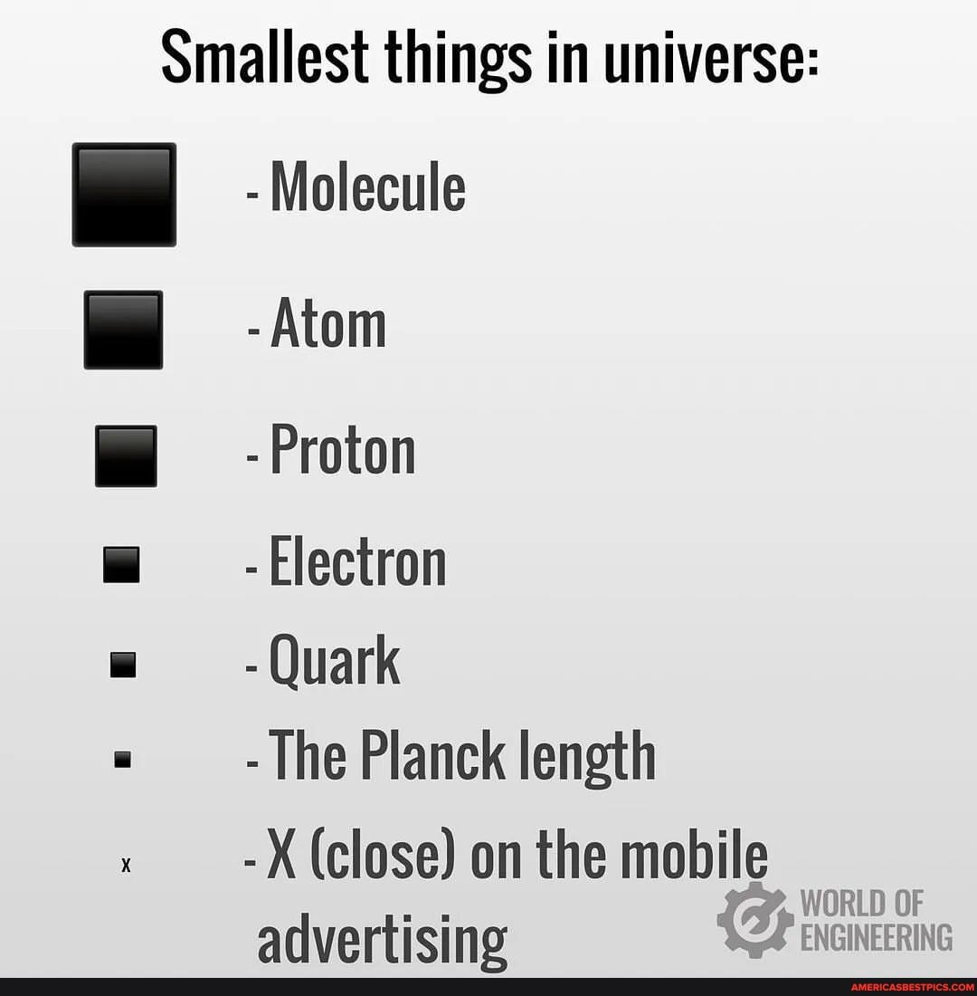 Smallest things in universe: - Molecule Atom Proton m - Electron -Quark ...