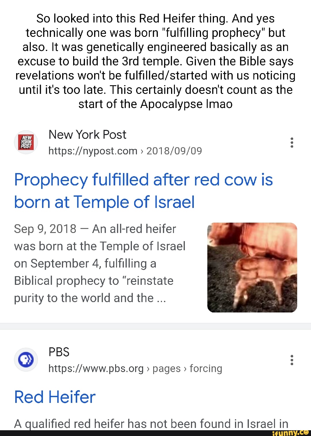 So looked into this Red Heifer thing. And yes technically one was born ...