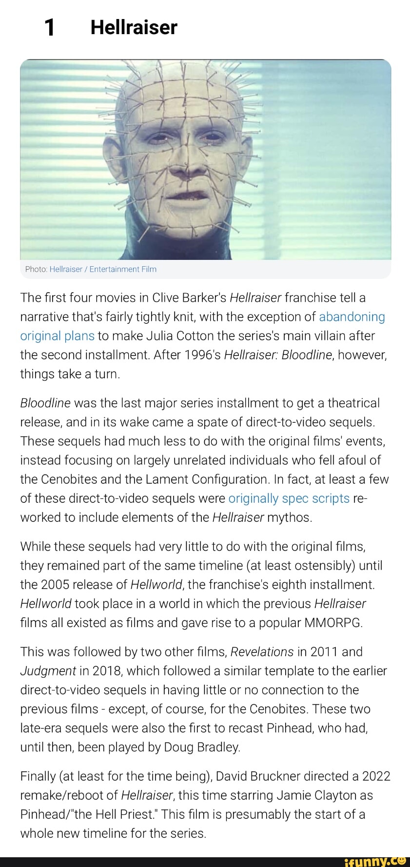 'Hellraiser Photo: Hellraiser / Entertainment Film The first four movies in Clive Barker's ...