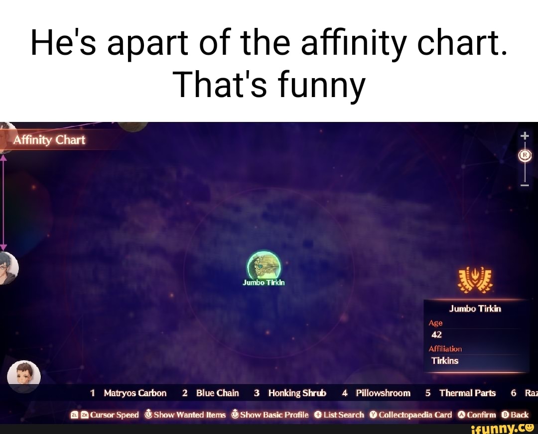 He's apart of the affinity chart. That's funny Affinity Chart Jumbo ...