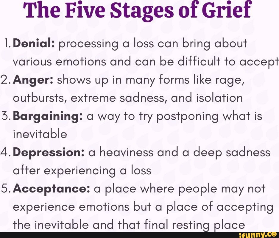 The Five Stages of Grief 1. Denial: processing a loss can bring about ...