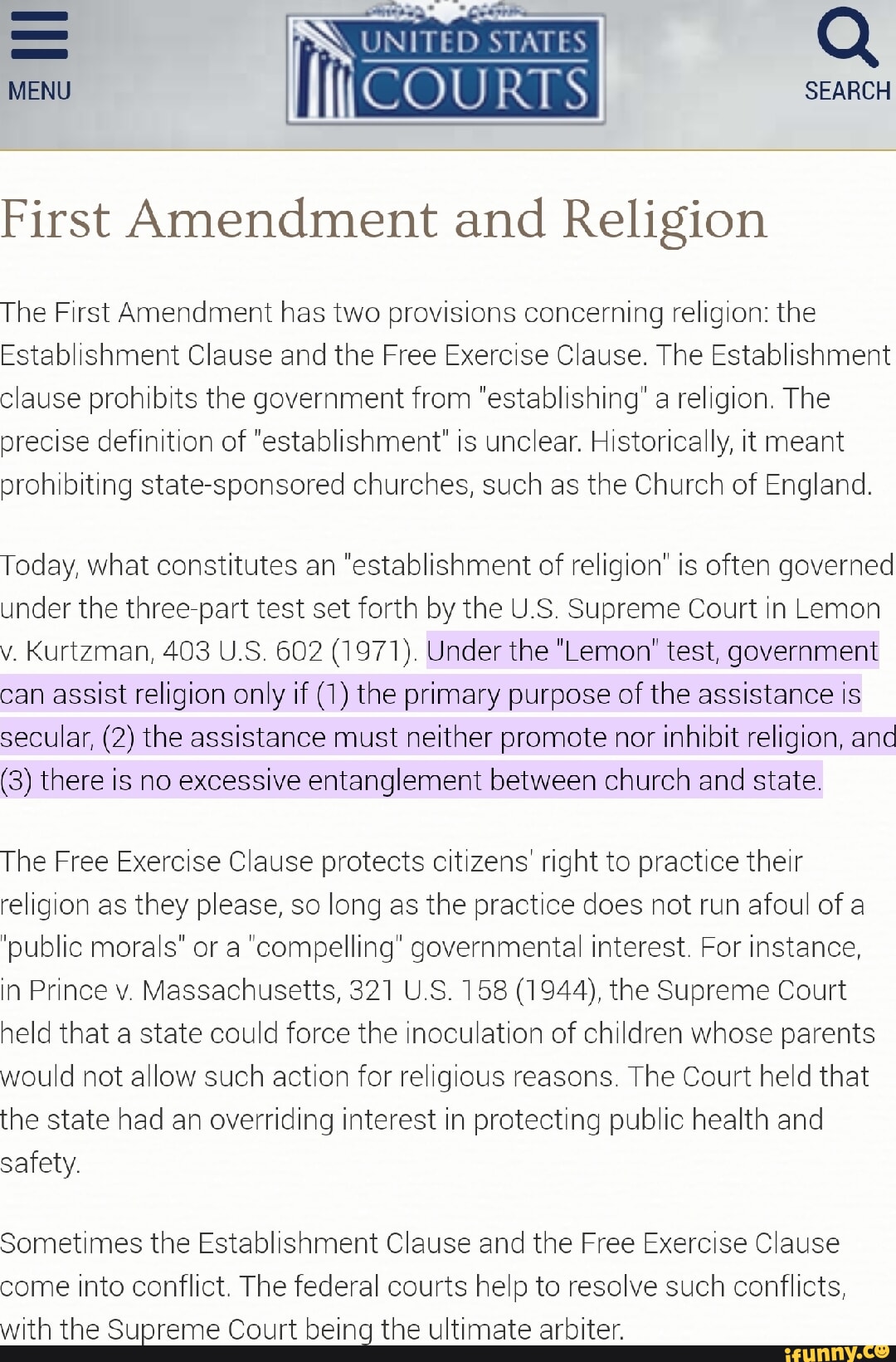 UNITED STATES o} MENU I COURTS SEARCH First Amendment and Religion The ...