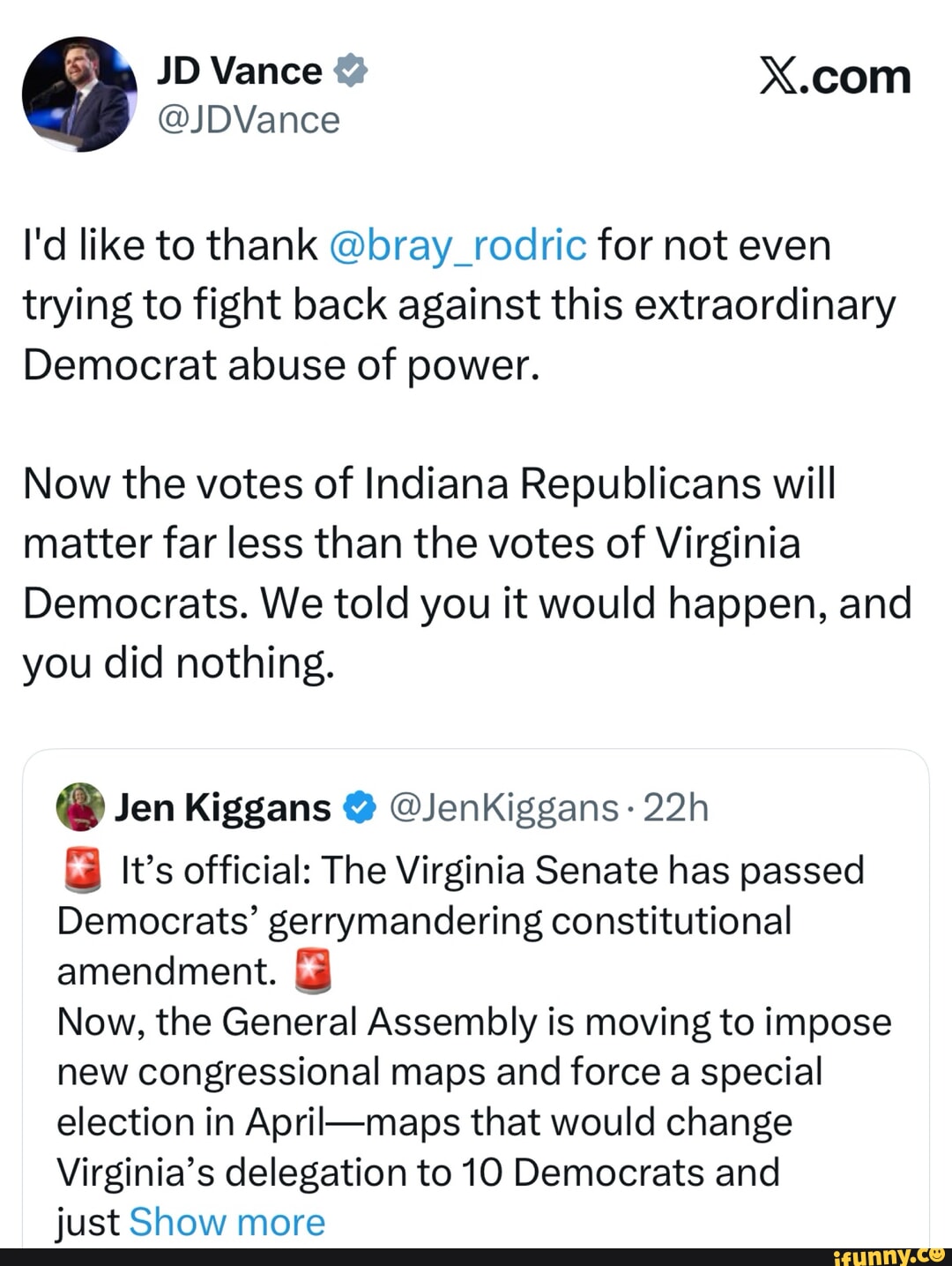 JD Vance & X.com @JDVance I'd like to thank @bray_rodric for not even ...