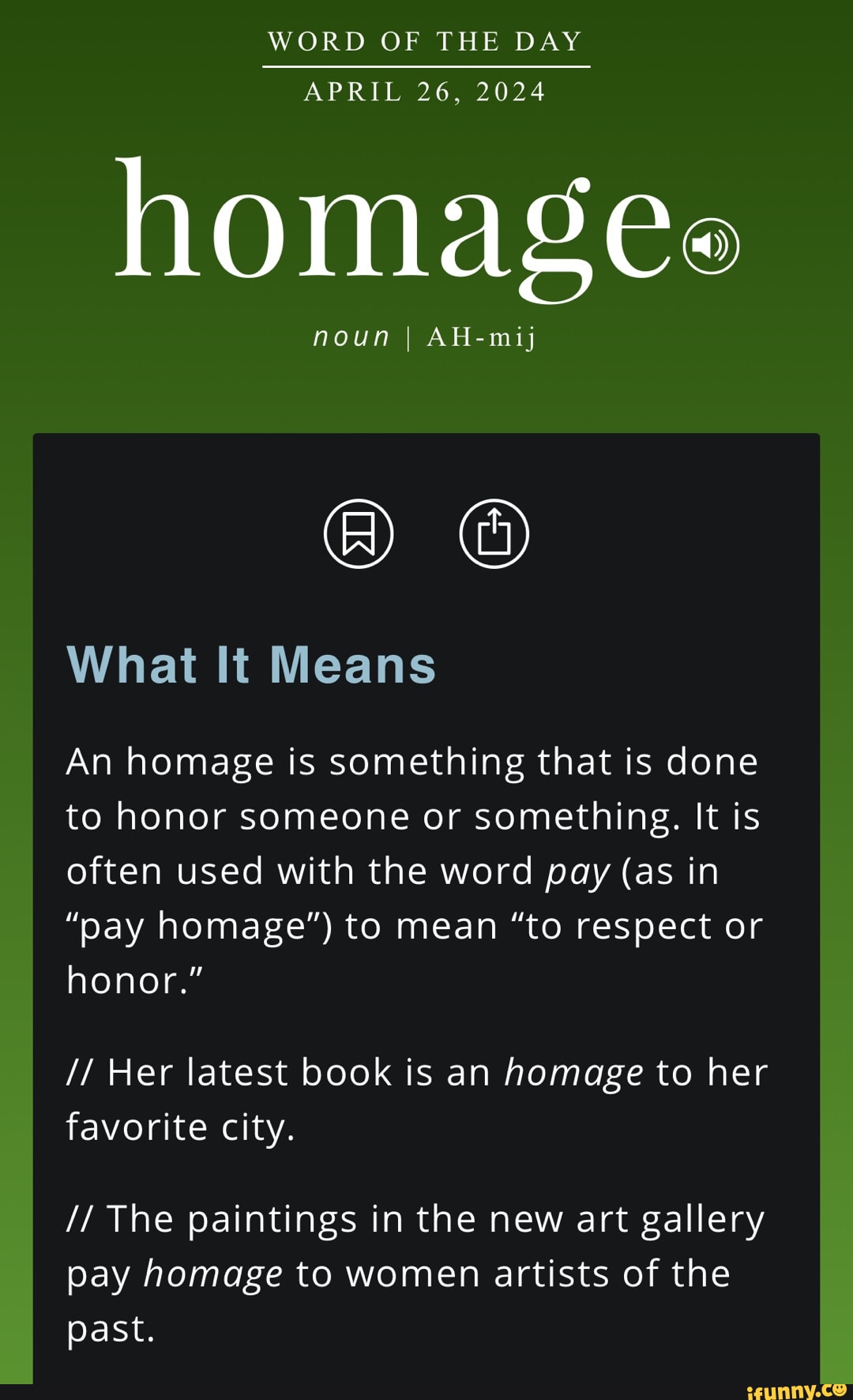 WORD OF THE DAY APRIL 26, 2024 homages noun I AH-mij What It Means An ...