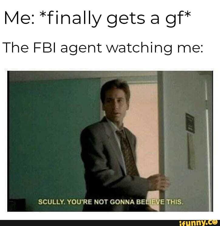 Me: *finally gets a gf* The FBI agent watching me: SCULLY. YOU'RE NOT ...