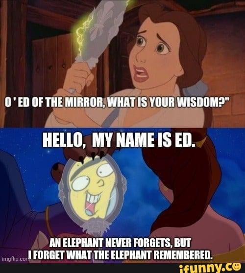 ED OF THE WHAT YOUR WISDOM?" HELLO, MY NAME IS ED. AN ELEPHANT NEVER ...