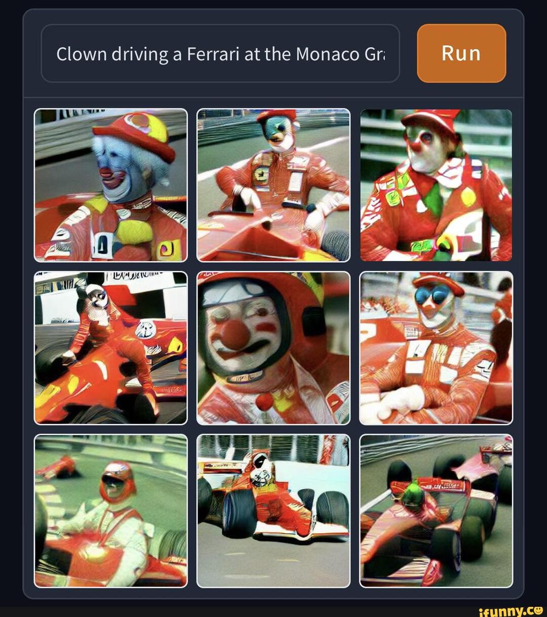 Clown driving a Ferrari at the Monaco Gr. Run Run - iFunny
