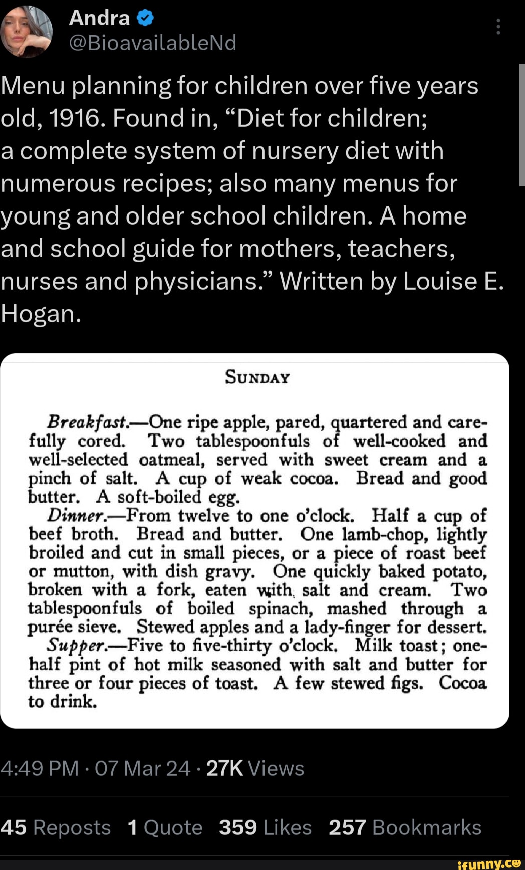 Andra Menu planning for children over five years old, 1916. Found in ...