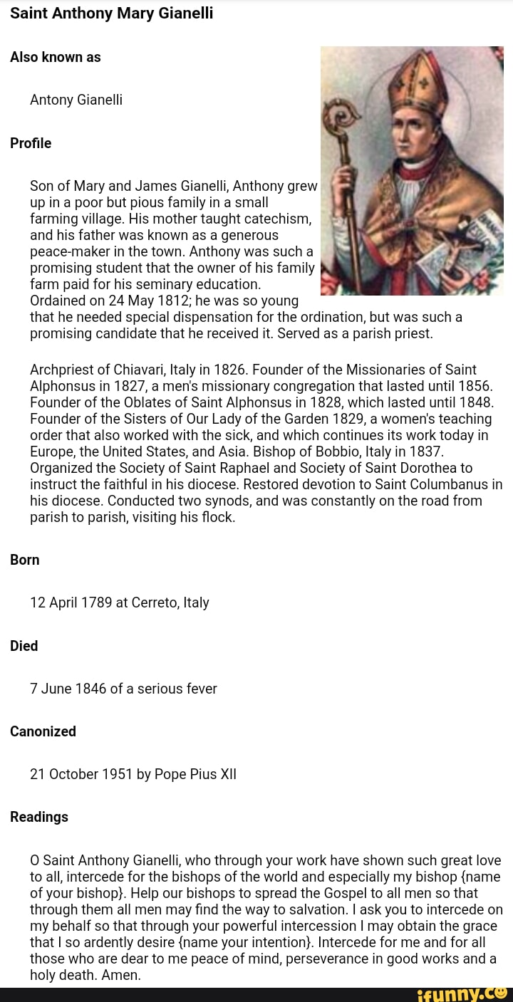 Saint Anthony Mary Gianelli Also known as Antony Gianelli Profile Son ...