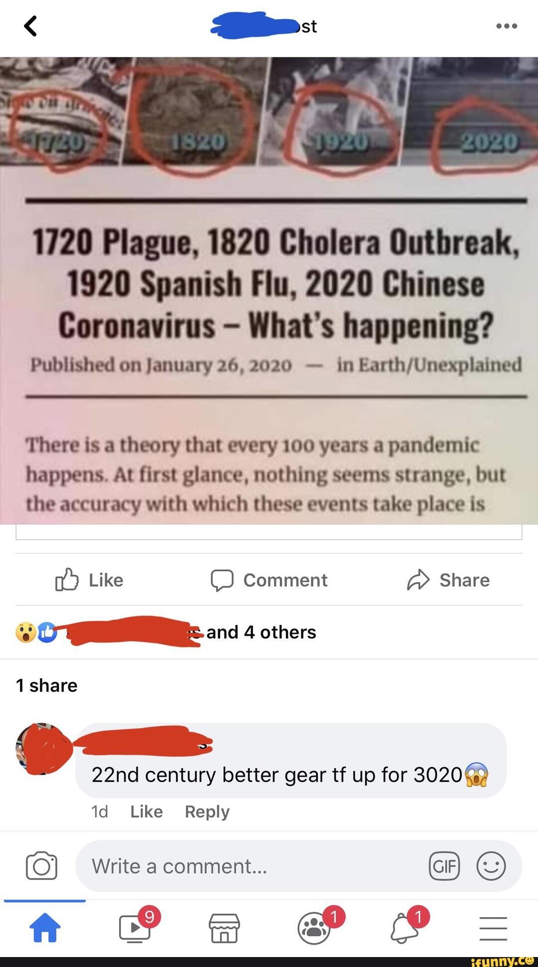 1720 Plague, 1820 Cholera Outbreak, 1920 Spanish Flu, 2020 Chinese ...