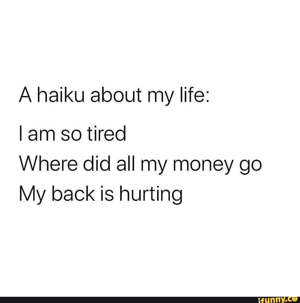 A haiku about my life: lam so tired Where did all my money go My back ...