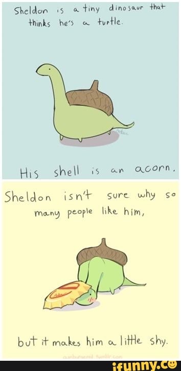 Sheldon 15 tiny dinosaur that thinks he's tuetle. His shell is an acorn ...