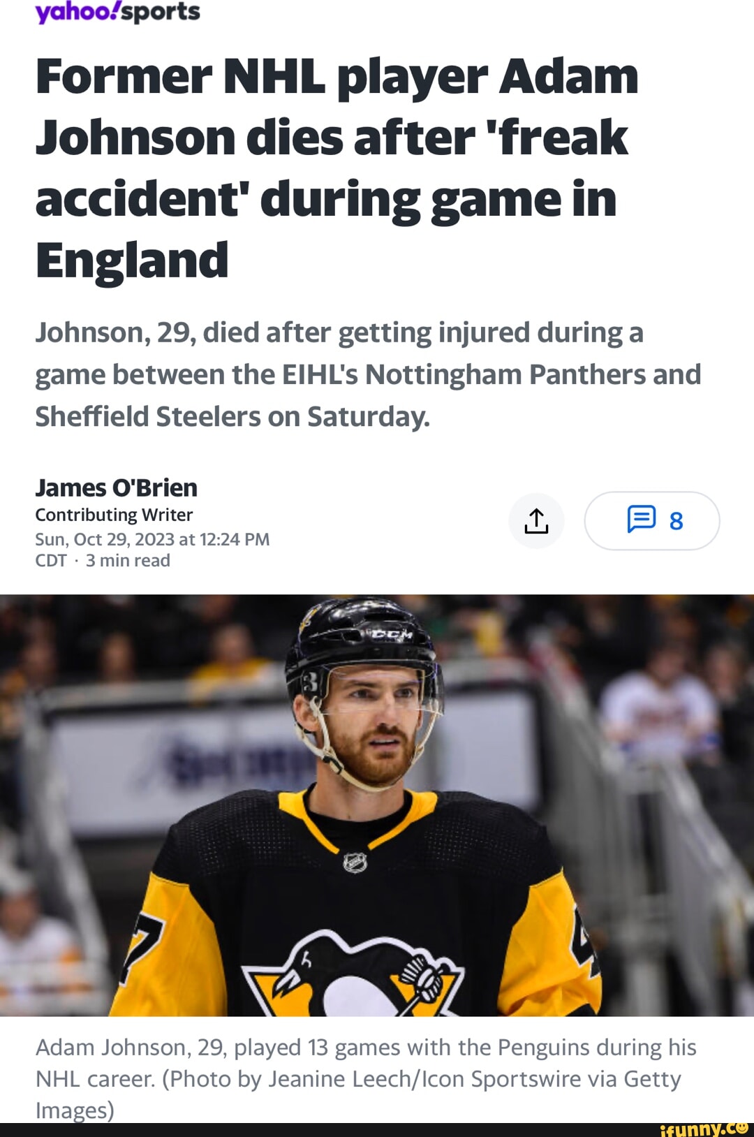 Former NHL player Adam Johnson dies after 'freak accident' during game ...