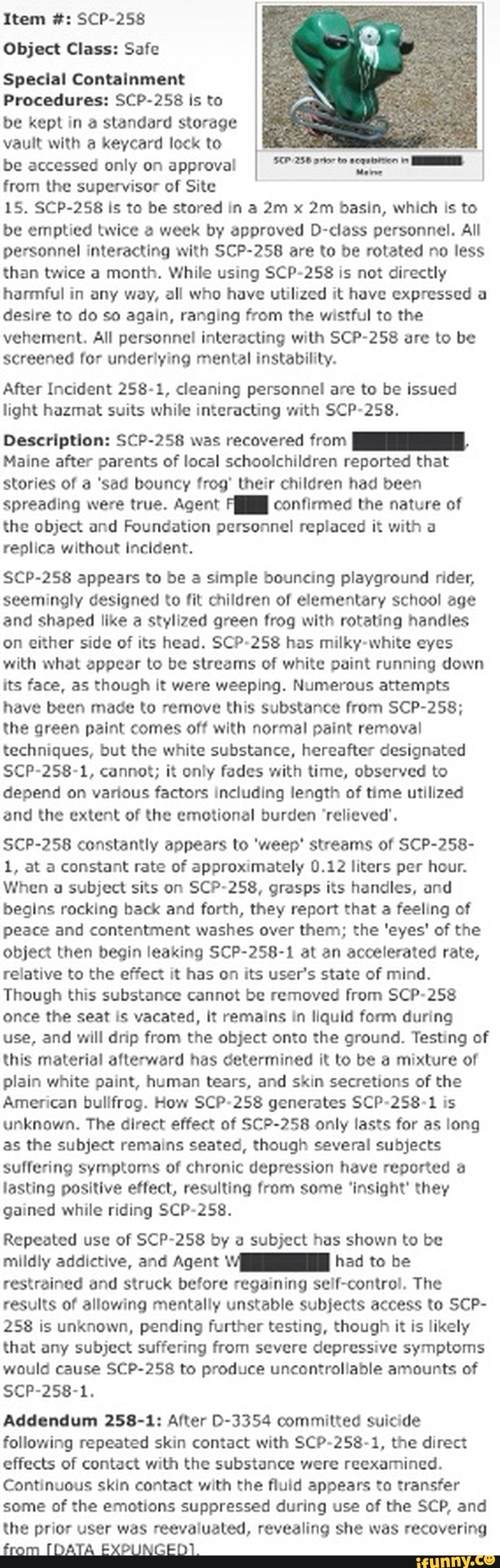 Object Class: Safe Special Containment Procedures: SCP-258 is to be ...