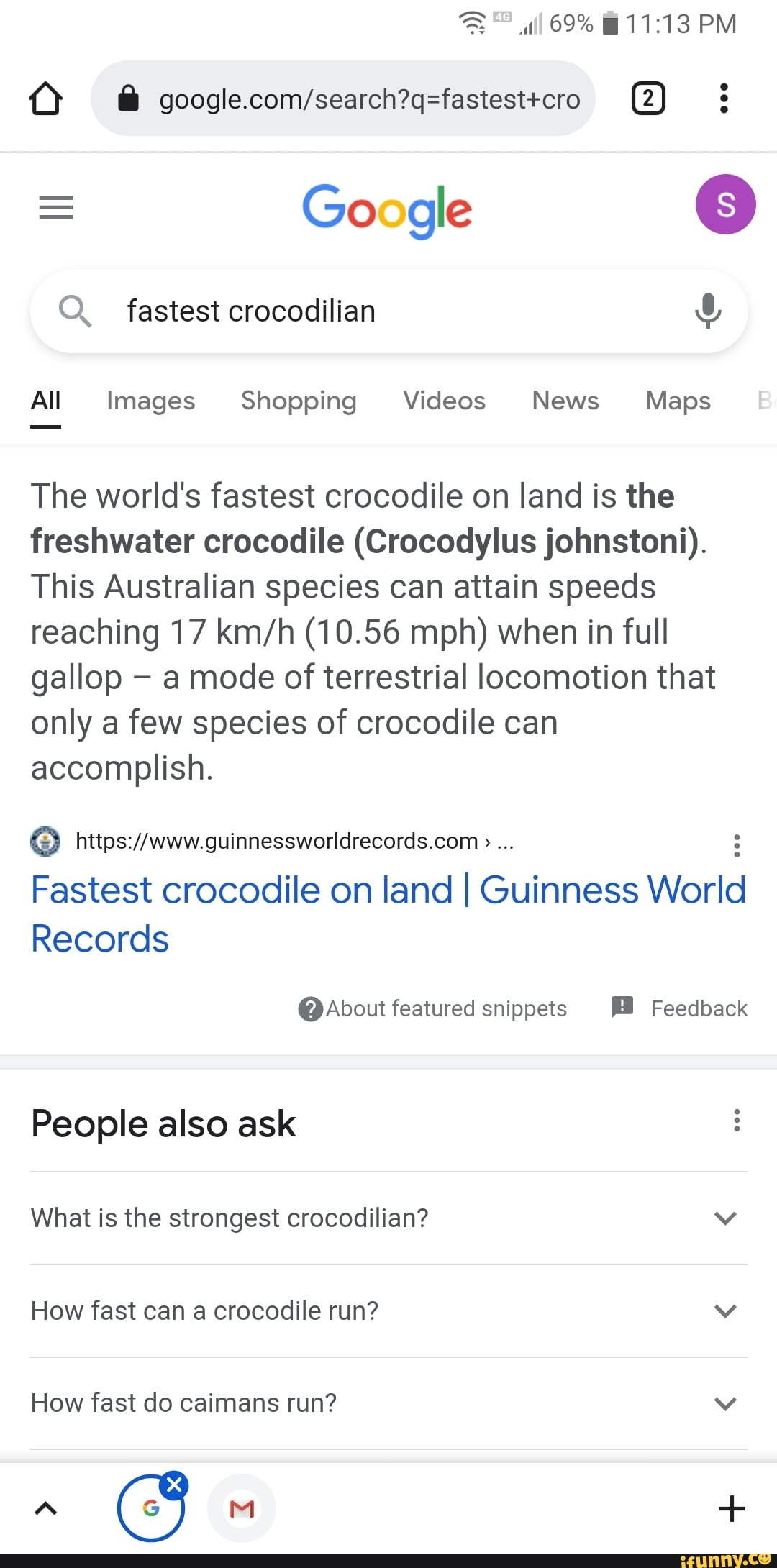 69% PM (2) Google fastest crocodilian All Images Shopping Videos News ...