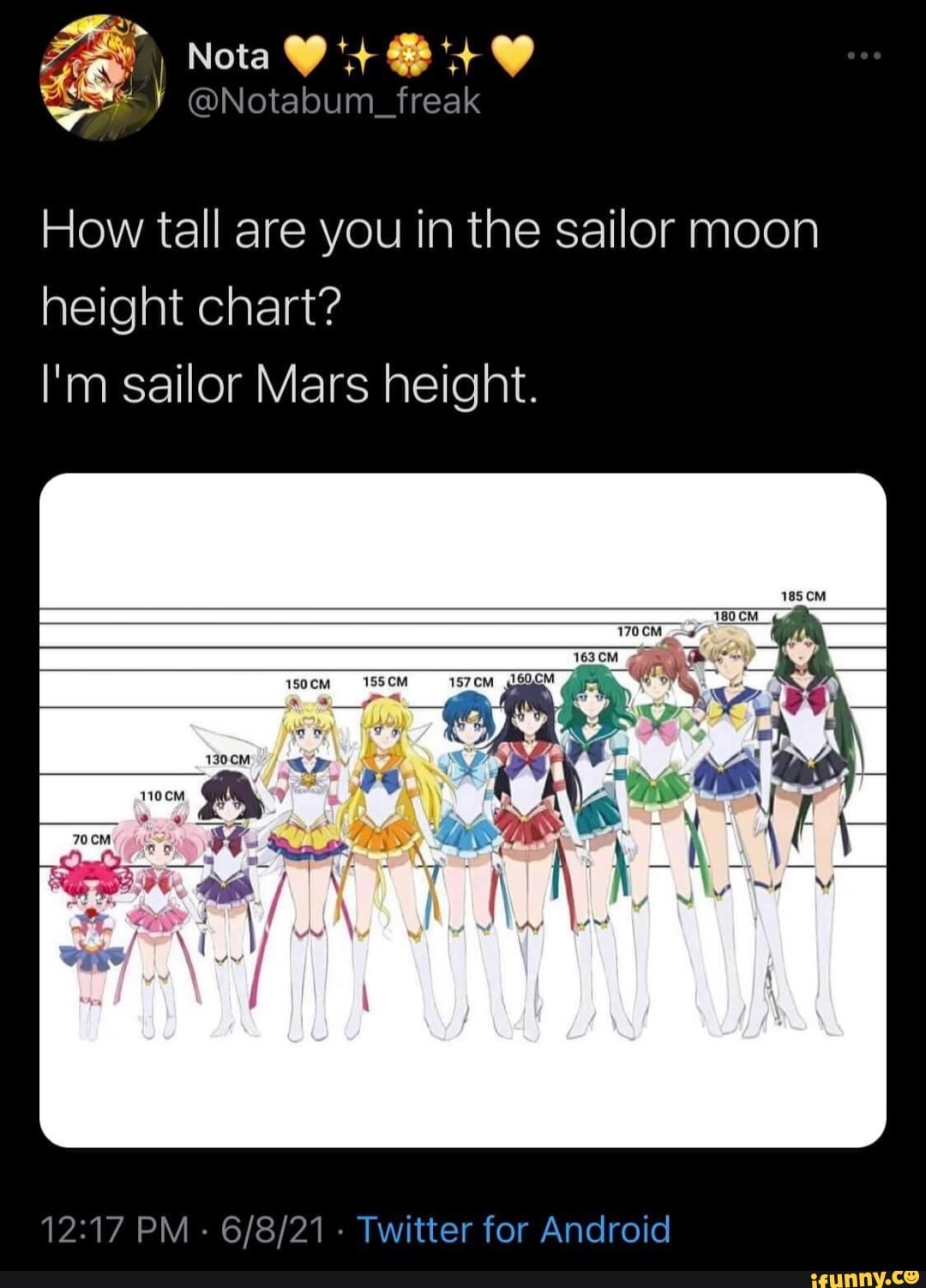 Nota How tall are you in the sailor moon height chart? I'm sailor Mars ...