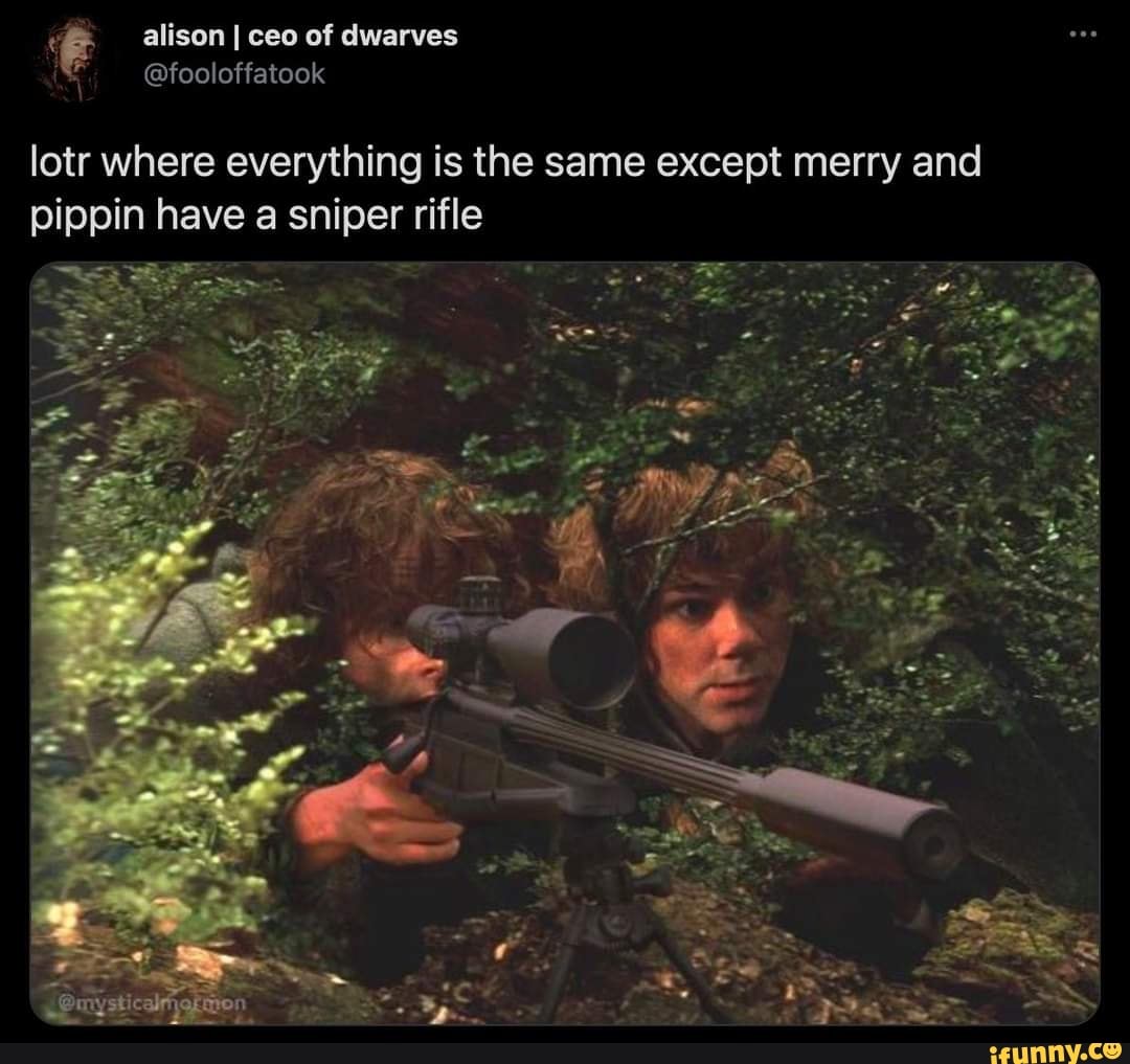 Lotr where everything is the same except merry and pippin have a sniper ...