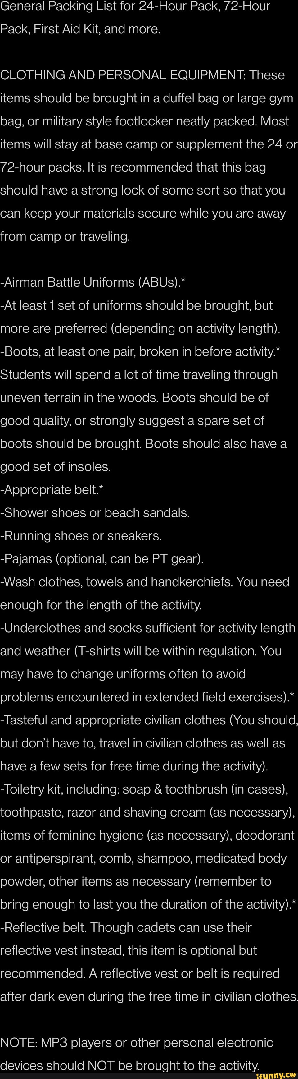 General Packing List for 24-Hour Pack, 72-Hour Pack, First Aid Kit, and ...