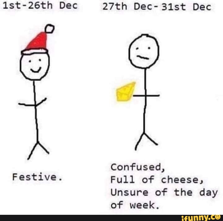 1st-26th Dec 27th Dec- 3ist Dec Confused, Festive. Full of cheese ...