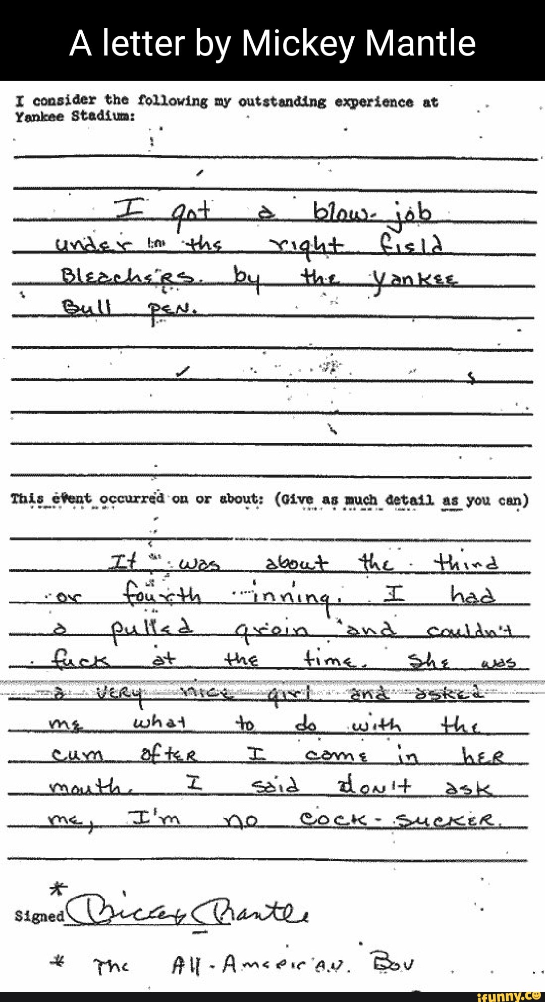 Letter by Mickey Mantle I consider Yankee the Stadium: following ny ...