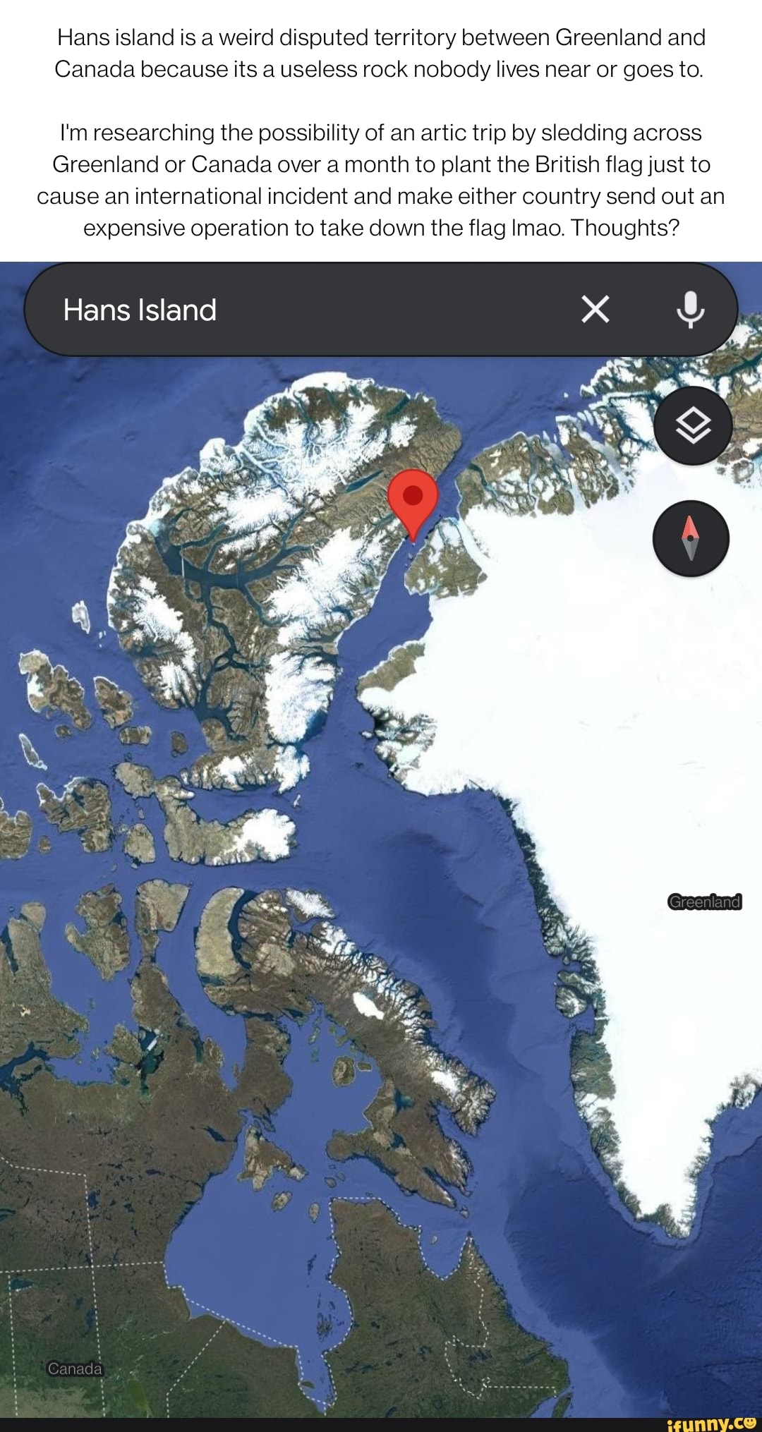 Hans island is a weird disputed territory between Greenland and Canada ...