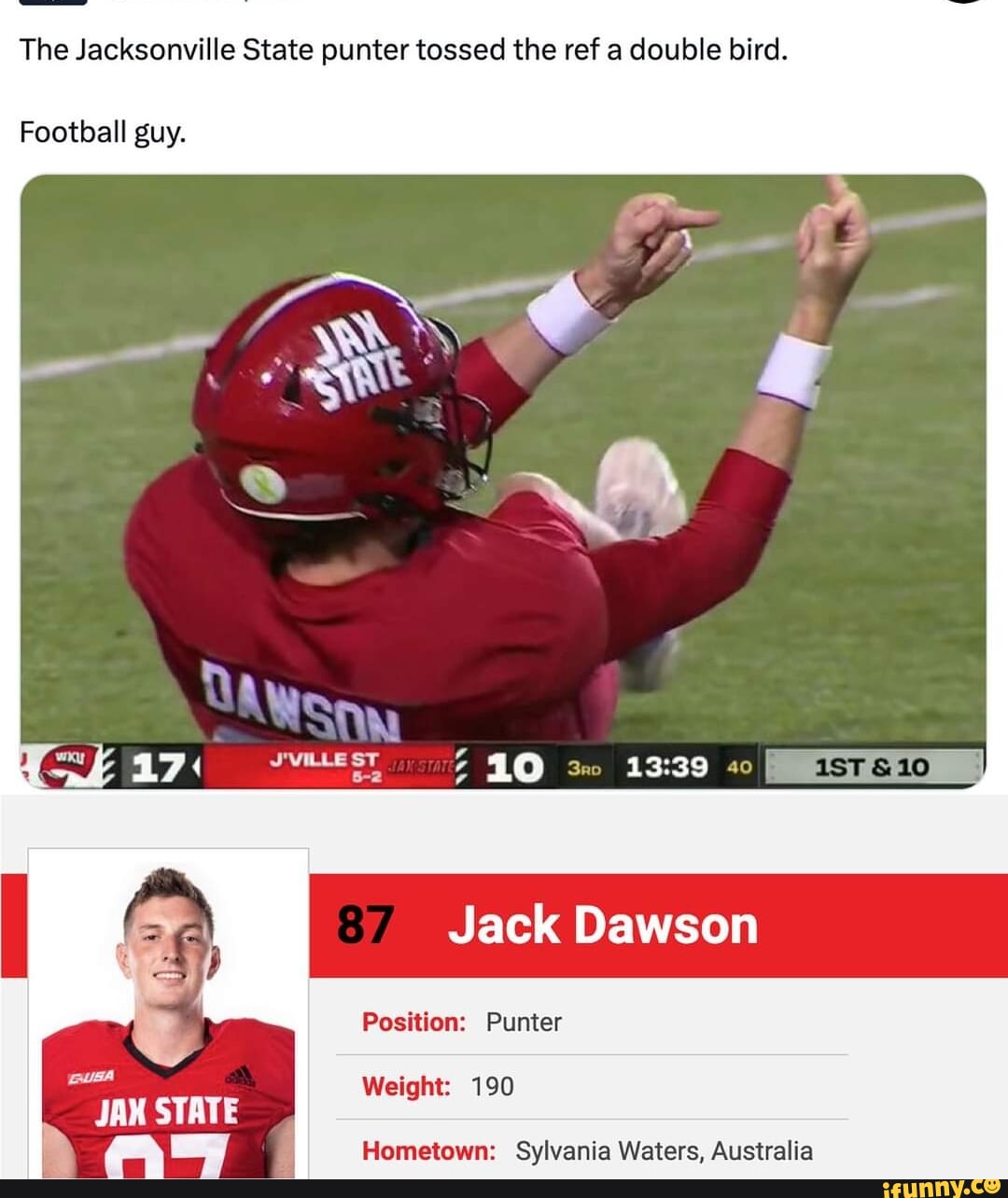 The Jacksonville State punter tossed the ref a double bird. Football ...