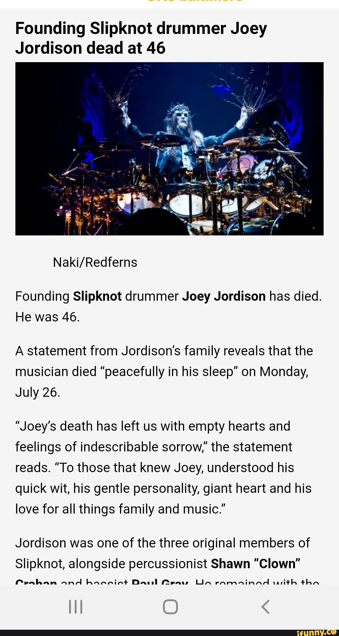 Founding Slipknot drummer Joey Jordison dead at 46 Founding Slipknot ...